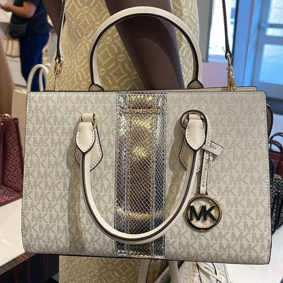Michael Kors | Bags | Michael Kors Sheila Medium Signature Logo And Metallic Satchel Crossbody ...